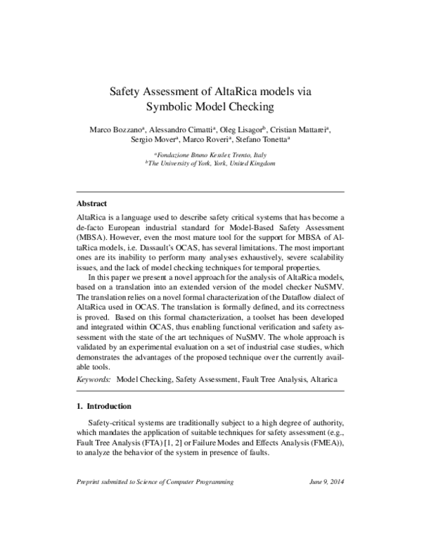 Pdf Safety Assessment Of Altarica Models Via Symbolic Model Checking