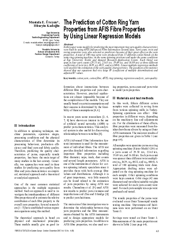(PDF) The prediction of cotton ring yarn properties from AFIS fibre ...
