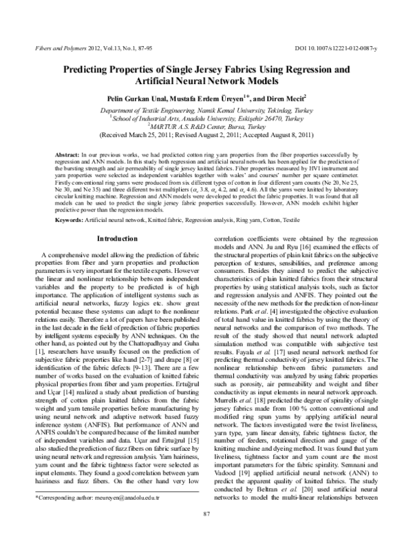 Pdf Predicting Properties Of Single Jersey Fabrics Using Regression