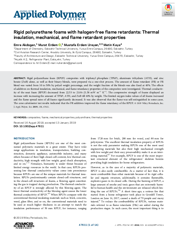 (PDF) Rigid polyurethane foams with halogen‐free flame retardants ...
