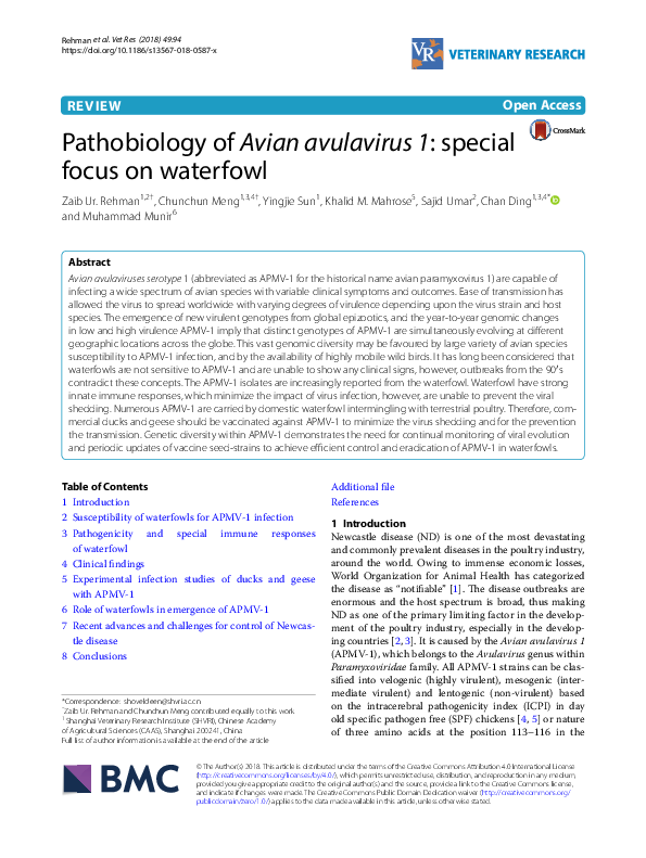 (PDF) Pathobiology of Avian avulavirus 1: special focus on waterfowl