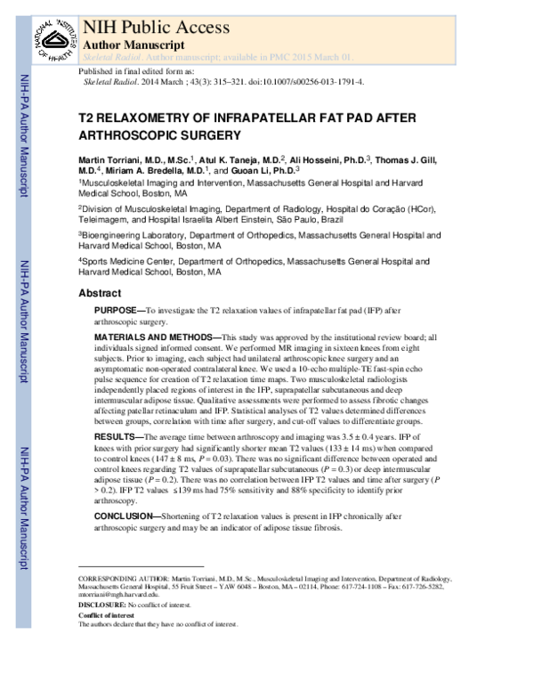 (PDF) T2 relaxometry of the infrapatellar fat pad after arthroscopic ...