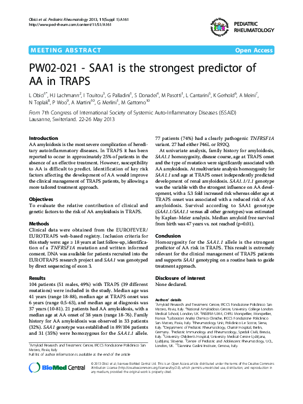 (PDF) PW02-021 - SAA1 is the strongest predictor of AA in TRAPS