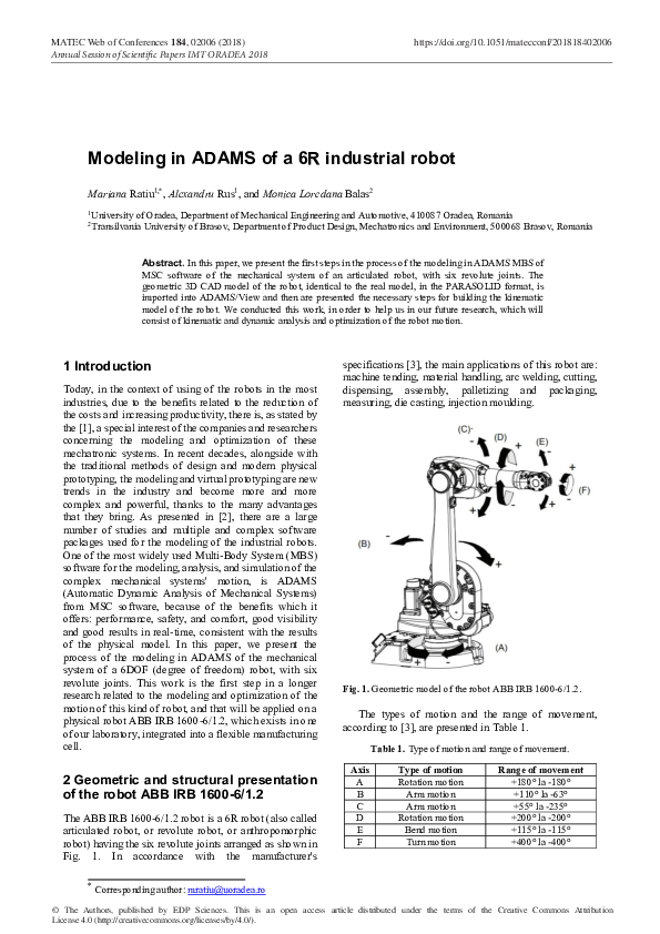 (PDF) Modeling in ADAMS of a 6R industrial robot
