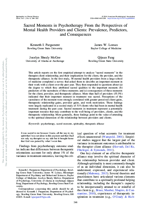 (PDF) Sacred moments in psychotherapy from the perspectives of mental health providers and ...