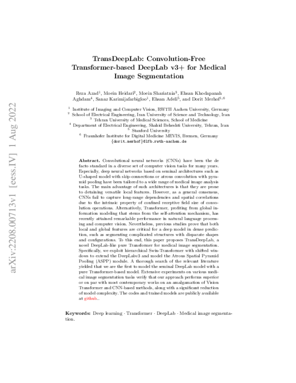 (PDF) TransDeepLab: Convolution-Free Transformer-Based DeepLab v3+ for Medical Image Segmentation