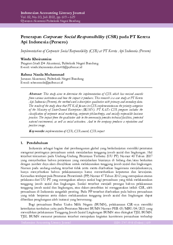 (PDF) Penerapan Corporate Social Responsibility (CSR) pada PT Kereta ...
