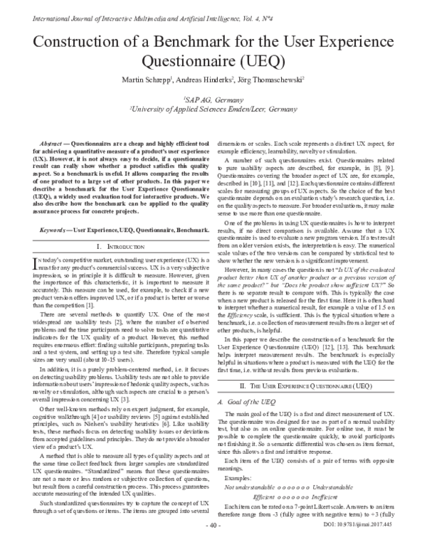 (PDF) Construction of a Benchmark for the User Experience Questionnaire ...