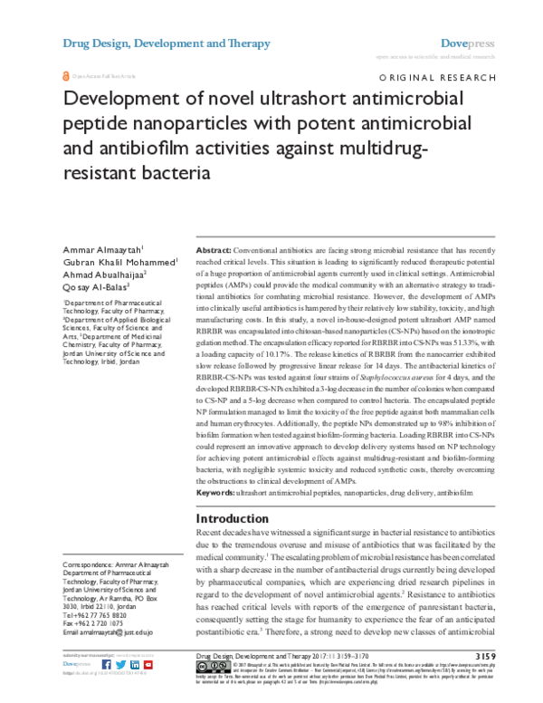 (PDF) Development of novel ultrashort antimicrobial peptide nanoparticles with potent ...