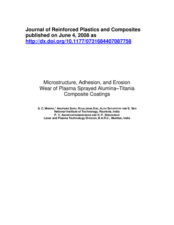 (PDF) Microstructure, Adhesion, and Erosion Wear of Plasma Sprayed Alumina-TitaniaComposite Coatings