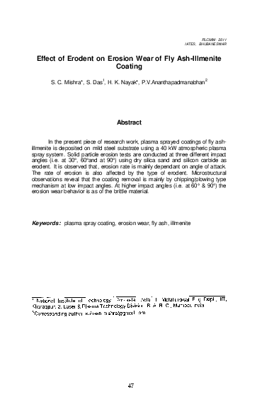 (PDF) Effect of Erodent on Erosion Wear of Fly Ash-Illmenite