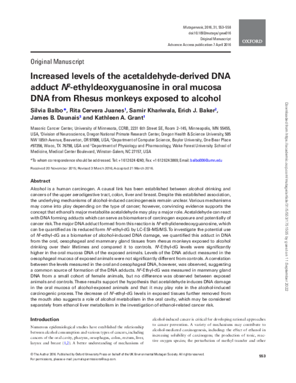 (PDF) Increased levels of the acetaldehyde-derived DNA adduct N2 ...