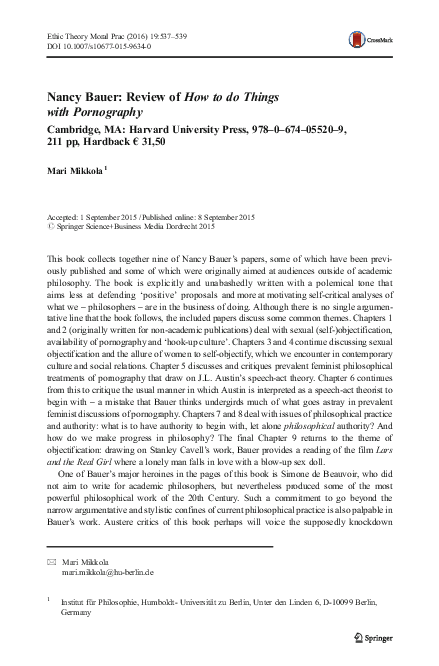 (PDF) Nancy Bauer: Review of How to do Things with Pornography | Mari Mikkola - Academia.edu