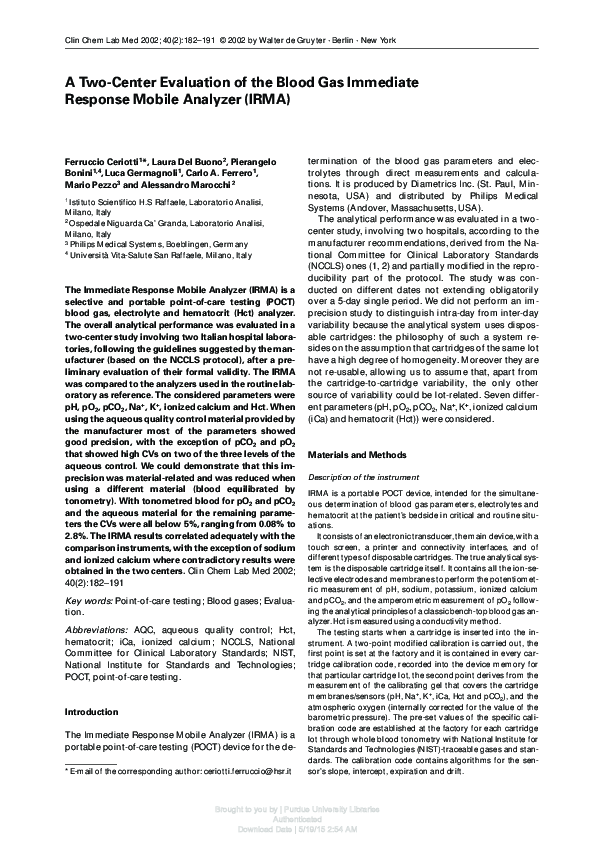 (PDF) A Two-Center Evaluation of the Blood Gas Immediate Response ...
