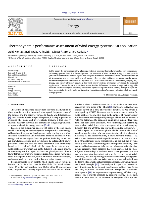 (PDF) Thermodynamic performance assessment of wind energy systems: An application