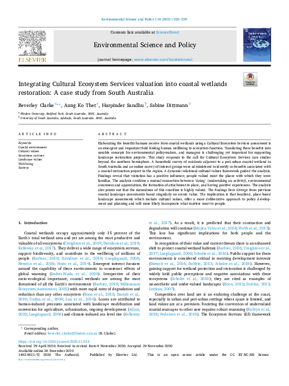 (PDF) Integrating Cultural Ecosystem Services valuation into coastal wetlands restoration: A ...