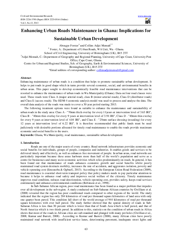 (PDF) Enhancing Urban Roads Maintenance in Ghana: Implications for ...
