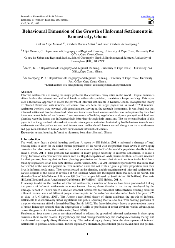 (PDF) 1 Behavioural Dimension of the Growth of Informal Settlements in