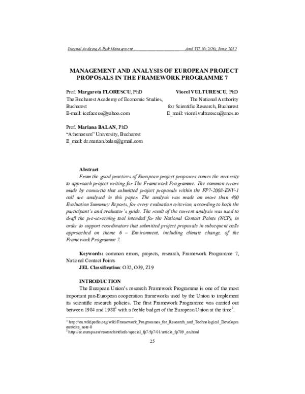 (PDF) Management and Analysis of European Project Proposals in the Framework Programme 7