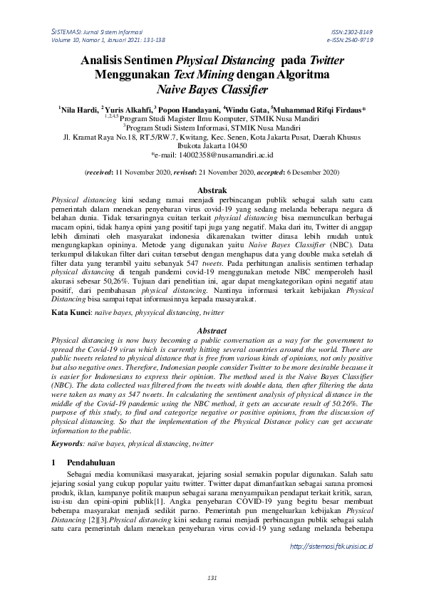 (PDF) Analisis Sentimen Physical Distancing pada Twitter Menggunakan Text Mining dengan ...