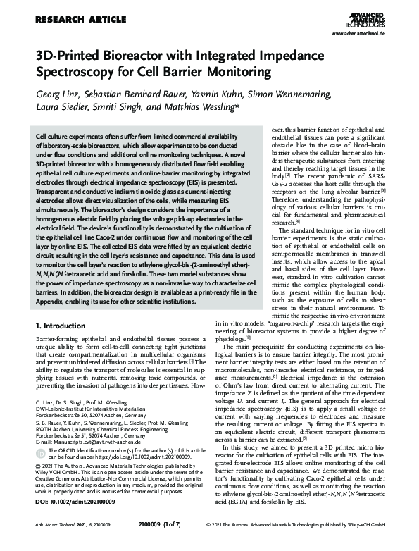 (PDF) 3D‐Printed Bioreactor with Integrated Impedance Spectroscopy for Cell Barrier Monitoring