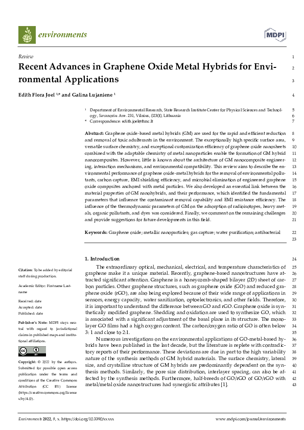 (PDF) Recent Advances in Graphene Oxide Metal Hybrids for Environmental Applications
