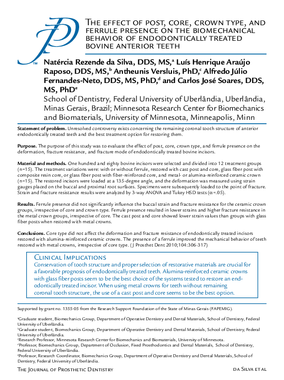 (PDF) The effect of post, core, crown type, and ferrule presence on the ...
