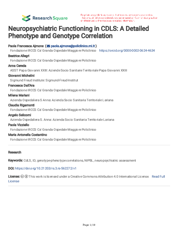 (PDF) Neuropsychiatric Functioning in CDLS: A Detailed Phenotype and Genotype Correlation