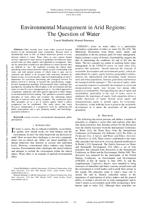 (PDF) Environmental Management In Arid Regions:The Question Of Water