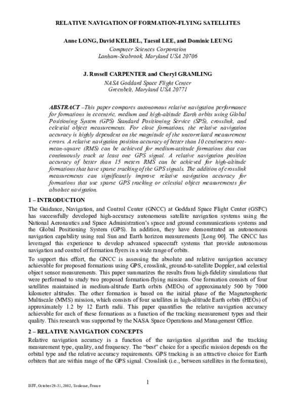 Pdf Relative Navigation Of Formation Flying Satellites