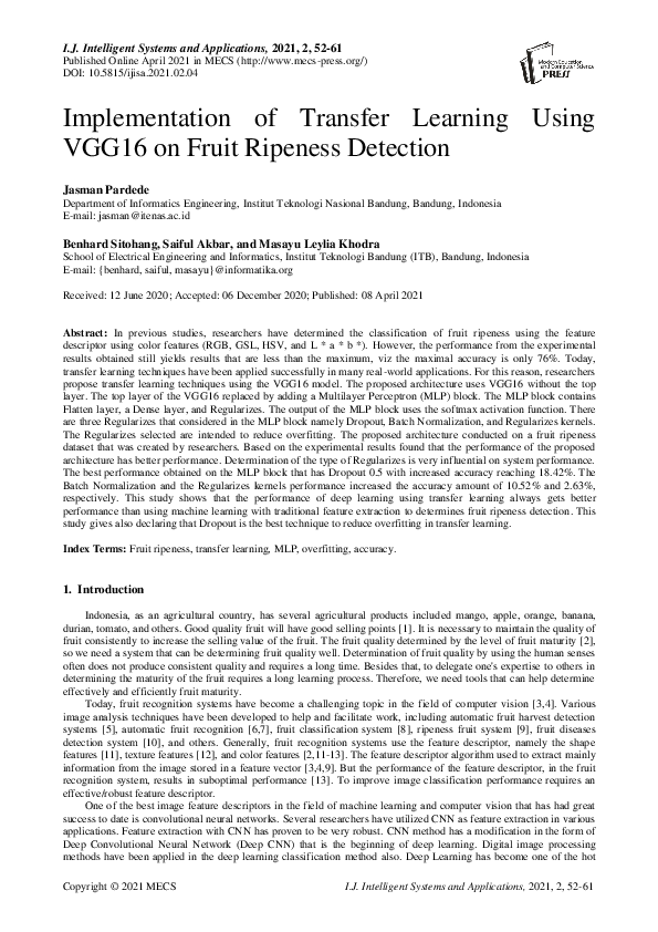 Pdf Implementation Of Transfer Learning Using Vgg16 On Fruit Ripeness