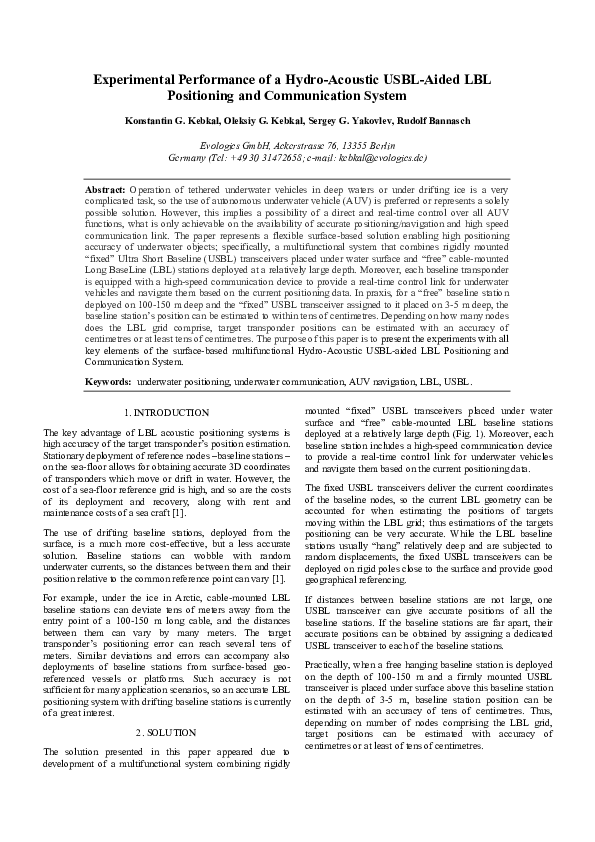 (PDF) Experimental Performance of a Hydro-Acoustic USBL-Aided LBL ...
