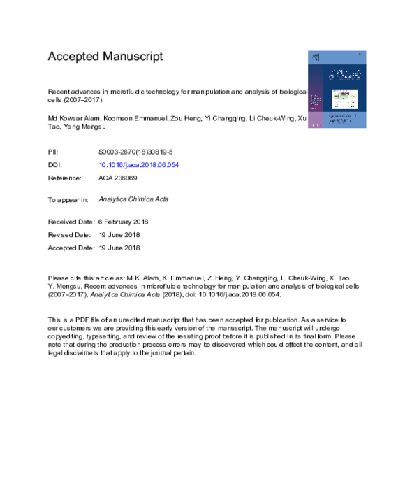 (PDF) Recent advances in microfluidic technology for manipulation and ...