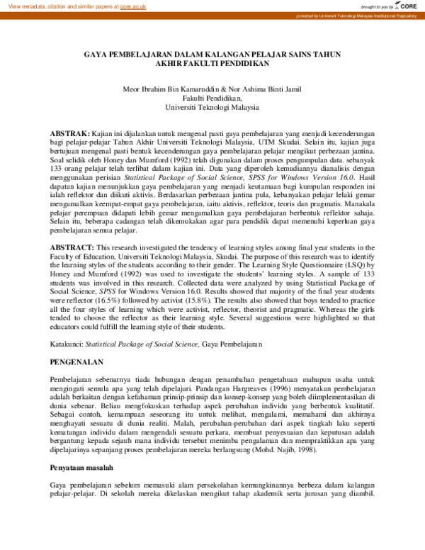 (PDF) Gaya Pembelajaran Dalam Kalangan Pelajar Sains Tahun Akhir ...