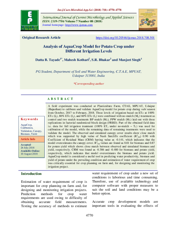 (PDF) Analysis of AquaCrop Model for Potato Crop under Different ...