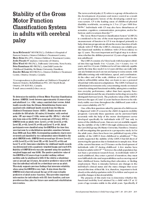 (PDF) Stability of the Gross Motor Function Classification System in adults with cerebral palsy