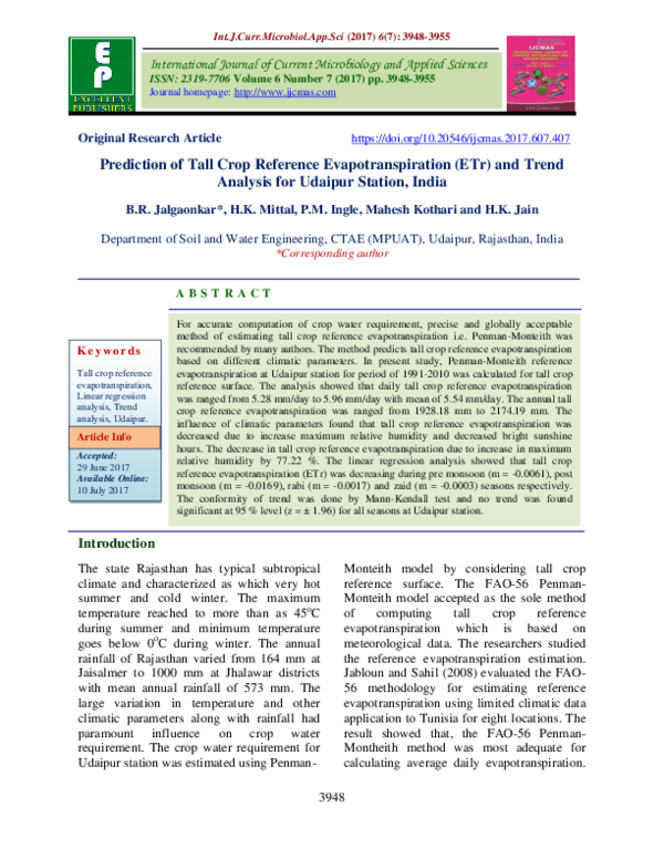 (PDF) Prediction of Tall Crop Reference Evapotranspiration (ETr) and Trend Analysis for Udaipur ...