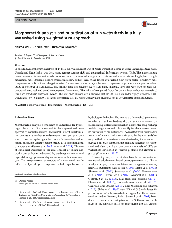 Pdf Morphometric Analysis For Sub Watershed Prioritization
