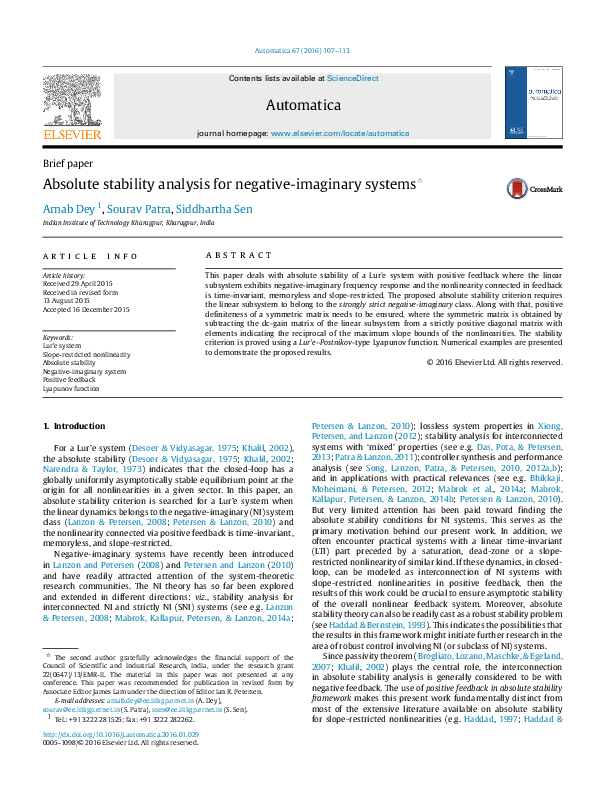 (PDF) Absolute stability analysis for negative-imaginary systems | Arnab Dey - Academia.edu