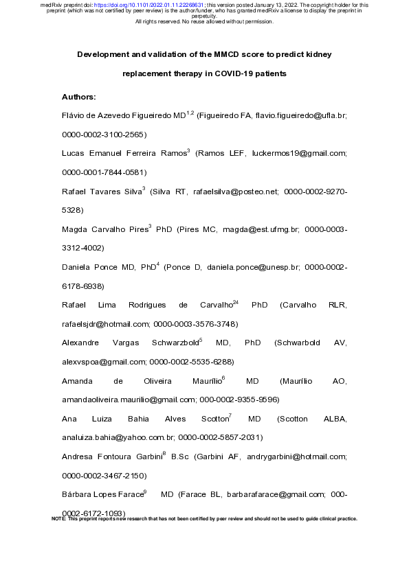 (PDF) Development and validation of the MMCD score to predict kidney ...