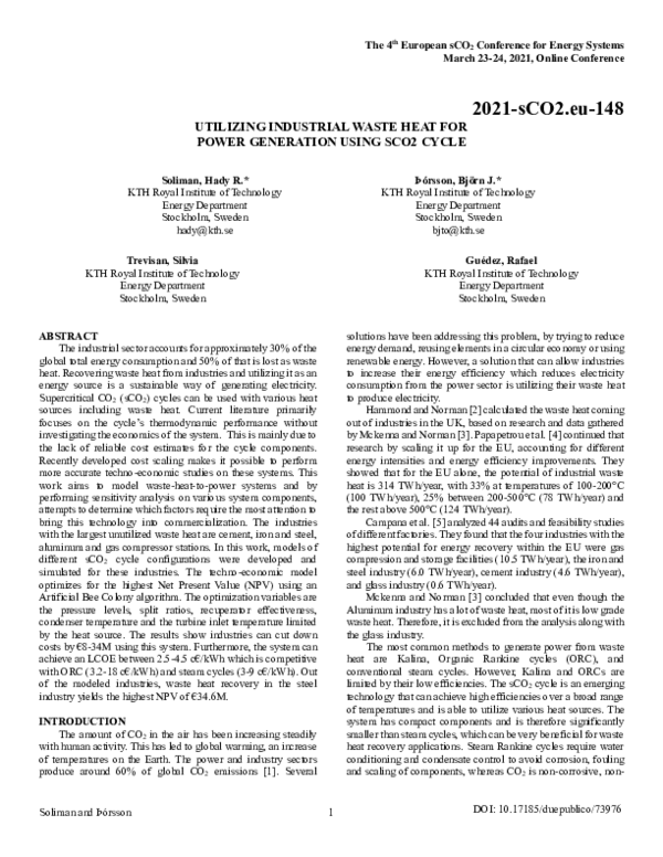 (PDF) Utilizing Industrial Waste Heat for Power Generation Using sCO2 ...