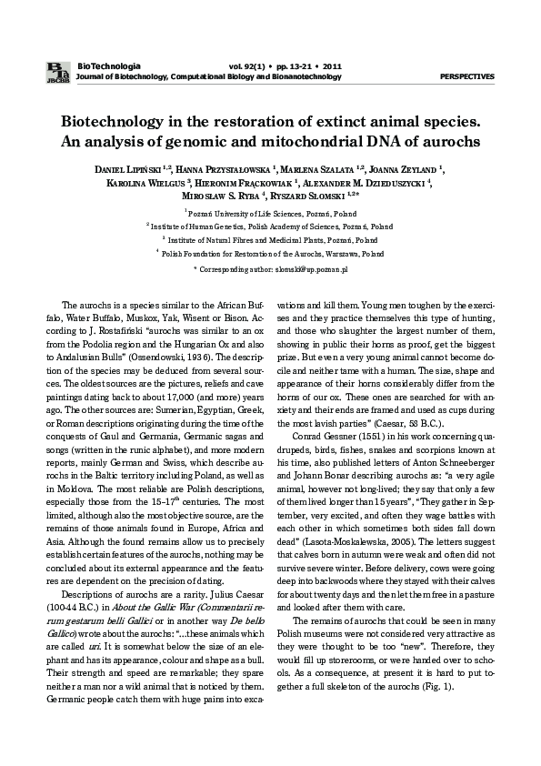 (PDF) PERSPECTIVES Biotechnology in the restoration of extinct animal ...
