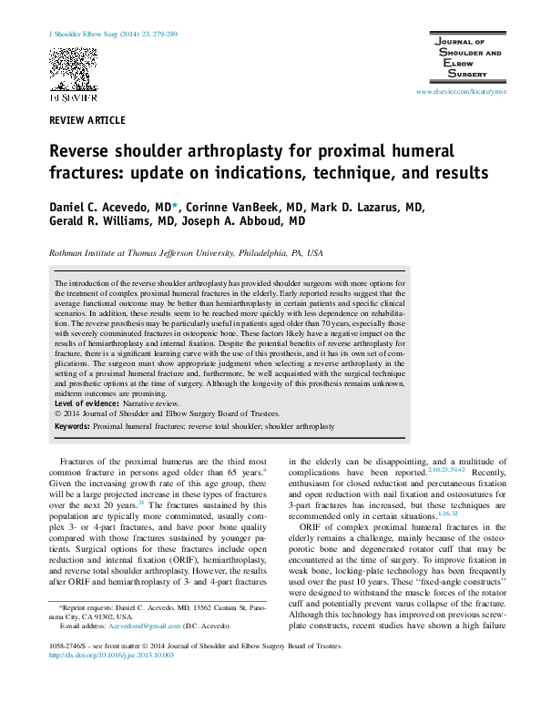 (PDF) Reverse shoulder arthroplasty for proximal humeral fractures ...