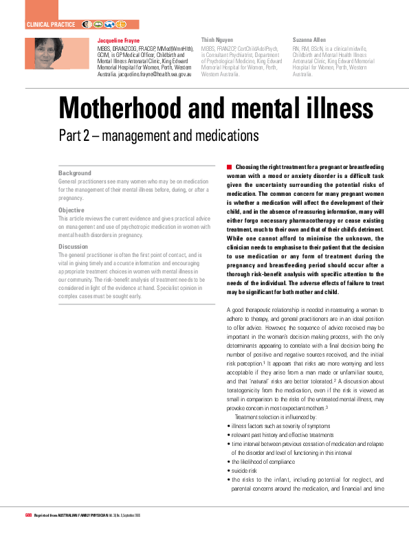(PDF) Motherhood and mental illness--part 2--management and medications