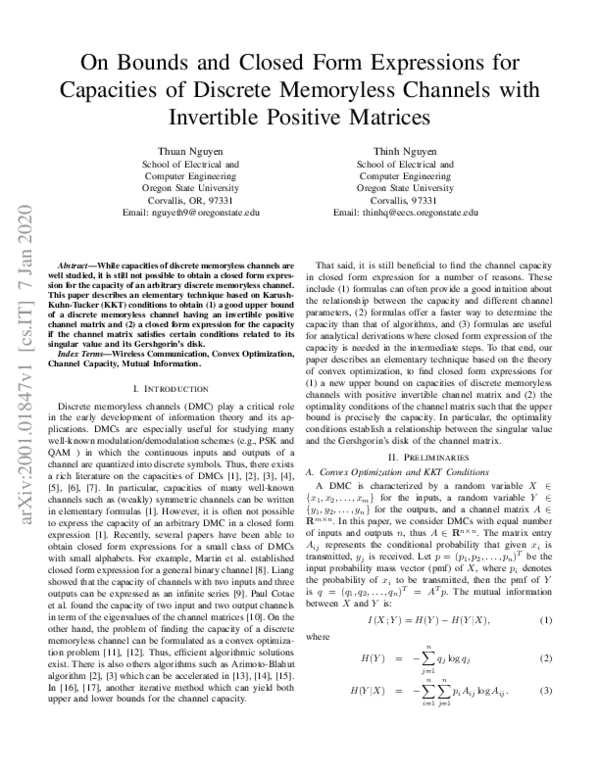 (PDF) On Bounds and Closed-Form Expressions for Capacities of Discrete Memoryless Channels With ...