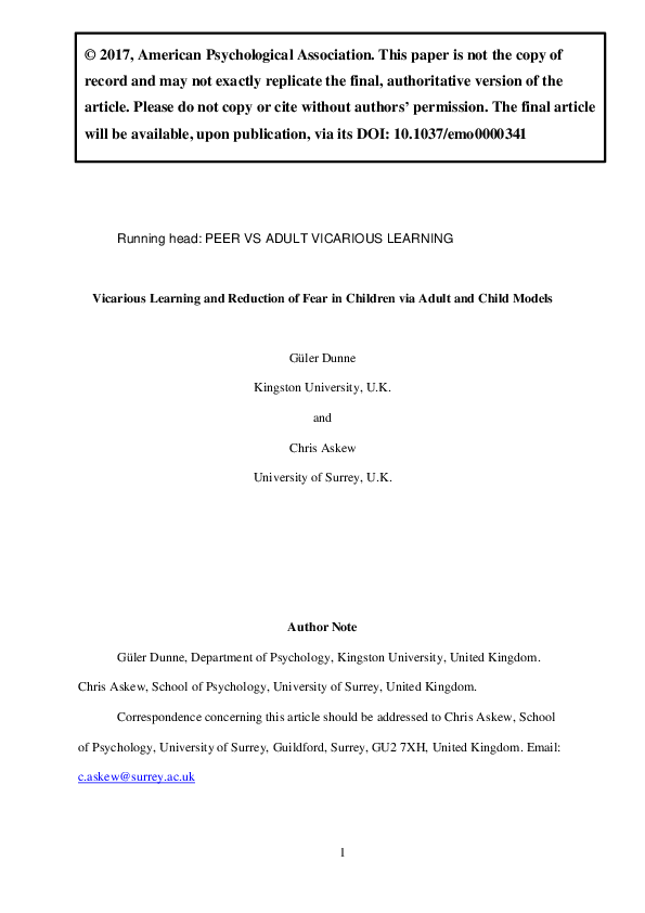 (PDF) Vicarious learning and reduction of fear in children via adult ...