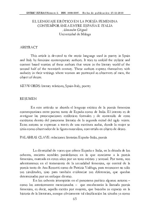 (PDF) El Lenguaje Erótico en La Poesía Femenina Contemporánea Entre España e Italia