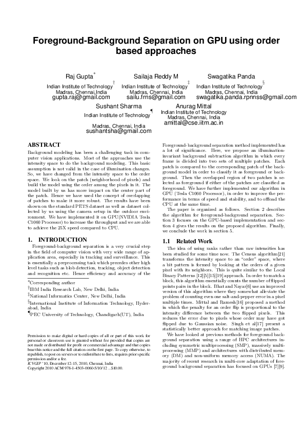 (PDF) Foreground-background separation on GPU using order based approaches | Raj Pritam Gupta ...
