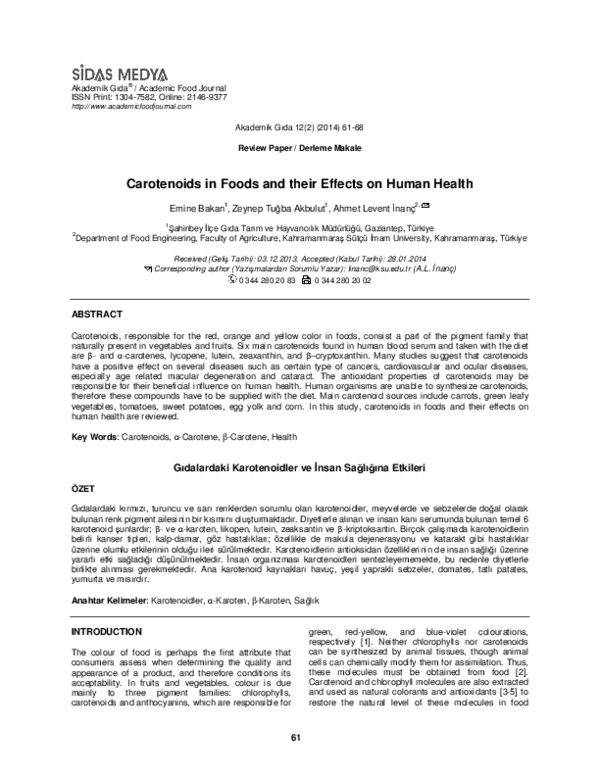 (PDF) Carotenoids in Foods and their Effects on Human Health