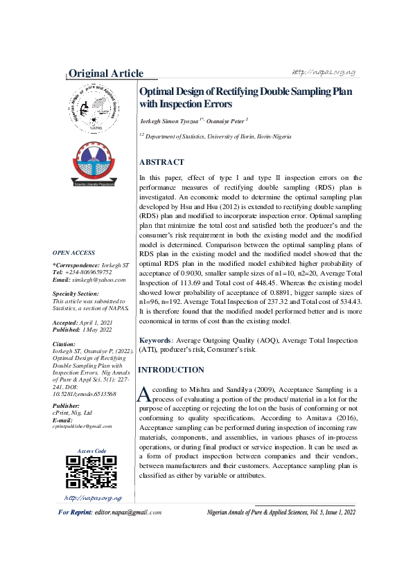(PDF) Optimal Design of Rectifying Double Sampling Plan with Inspection ... (PDF) Optimal Design of Rectifying Double Sampling Plan with Inspection ...